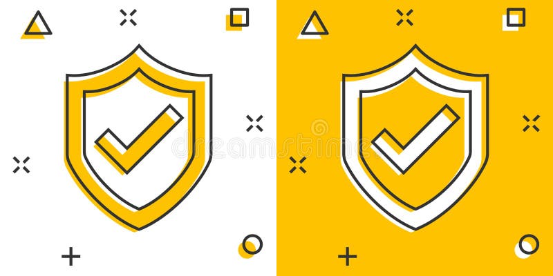 Shield with Check Mark Icon in Comic Style. Protect Cartoon Vector ...
