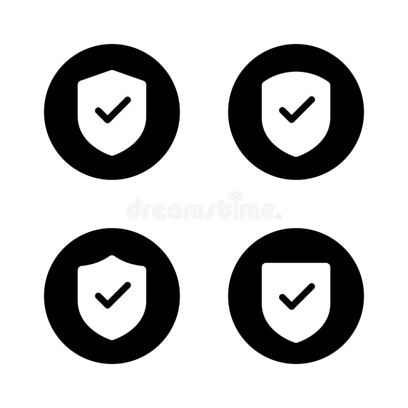 Shield with Check Mark Icon Set on Black Circle. Defense, Security with ...