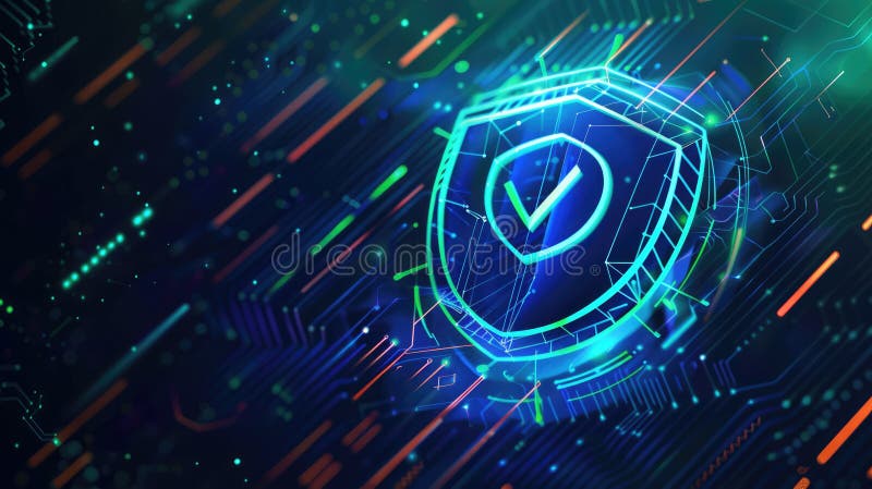 Shield and Checkmark Cybersecurity Verification Icon, Neon Blue and ...