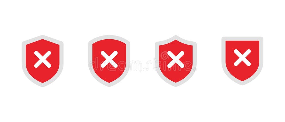 Shield with X Cross Mark Icon Set in Flat Design. Unsafe, No Defense ...