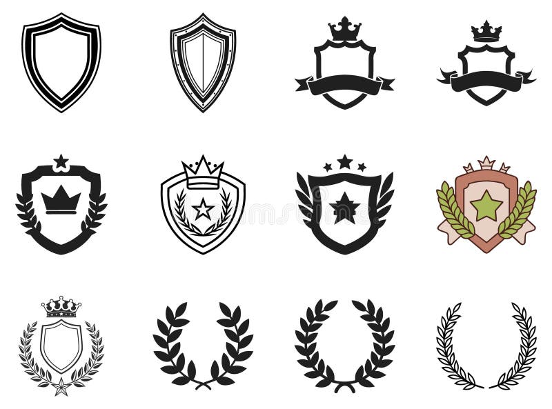 Shield Crown Laurel Wreath Icon Set, Heraldic Emblem Collection ...