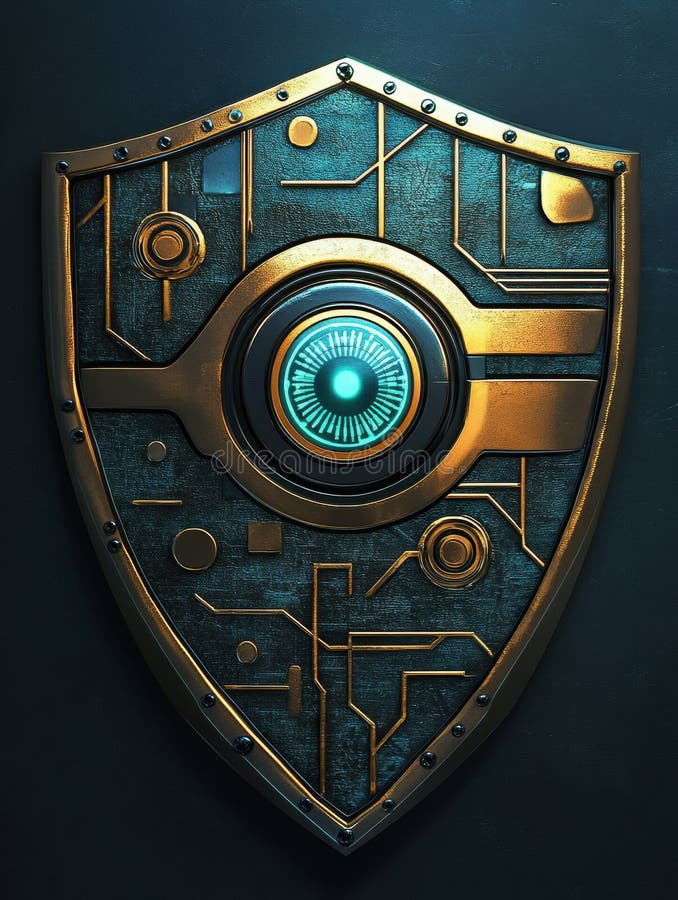 Shield with Cybernetic Patterns and a Robotic Eye Symbolizing AI in ...