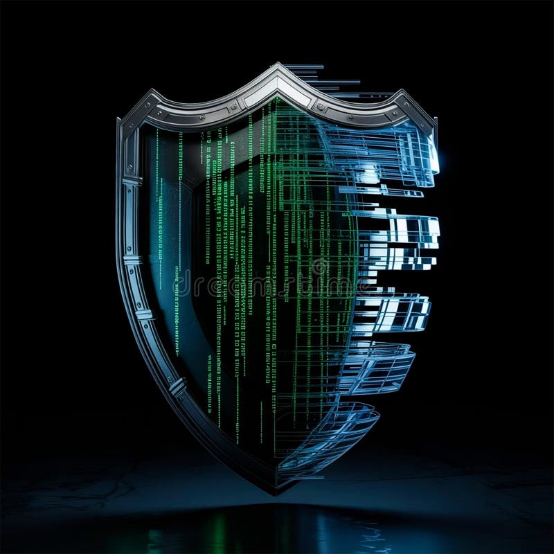 Shield 3d Cyber Security Metallic with Glitch Wireframe and Binary Code ...