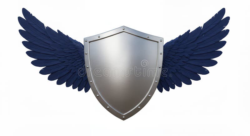 Shield with Dark Blue Wings Floating on White Background for Protection ...