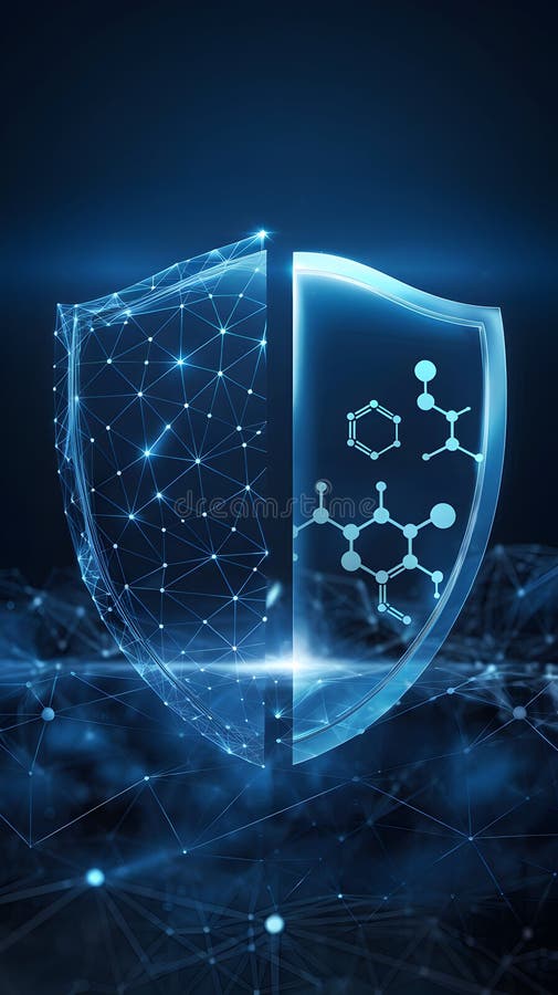 Shield with Dots and Molecules Over Network, Symbolizing Digital ...
