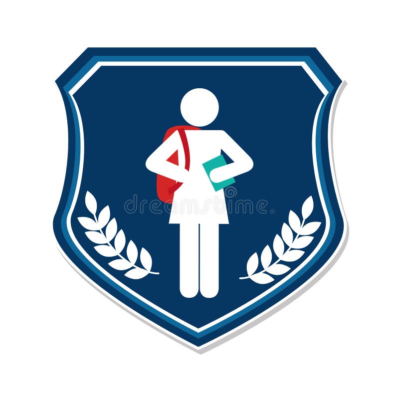 Shield Emblem with Silhouette Student Girl and Decorative Leaves Stock ...