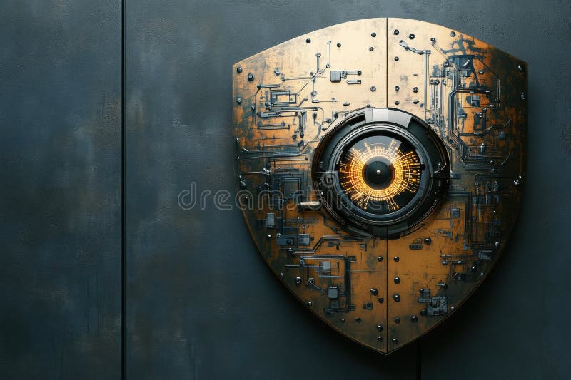 Shield Featuring Cybernetic Patterns and Robotic Eye Represents AI in ...