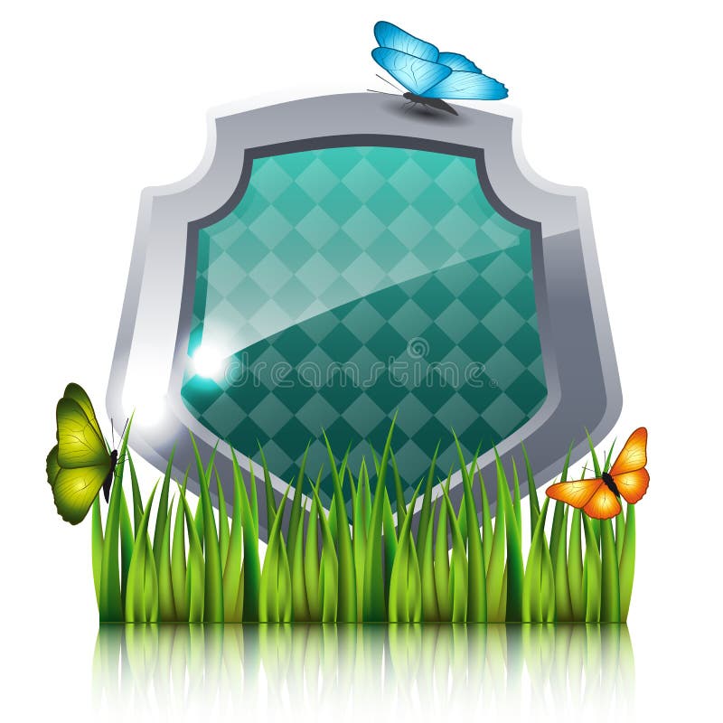 Shield with Flying Butterflies by the Grass. Stock Vector ...