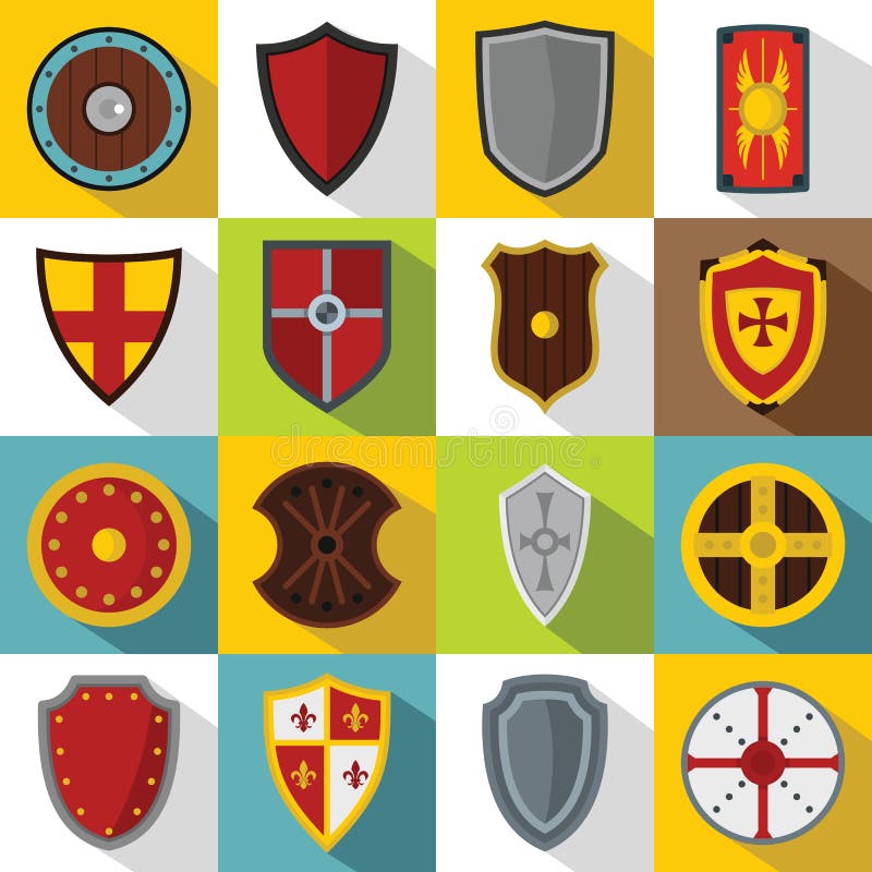 Shield Frames Icons Set, Flat Style Stock Illustration - Illustration ...