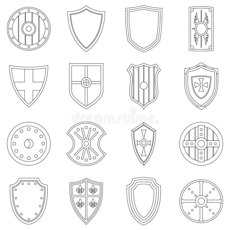 Shield Frames Icons Set, Outline Style Stock Vector - Illustration of ...