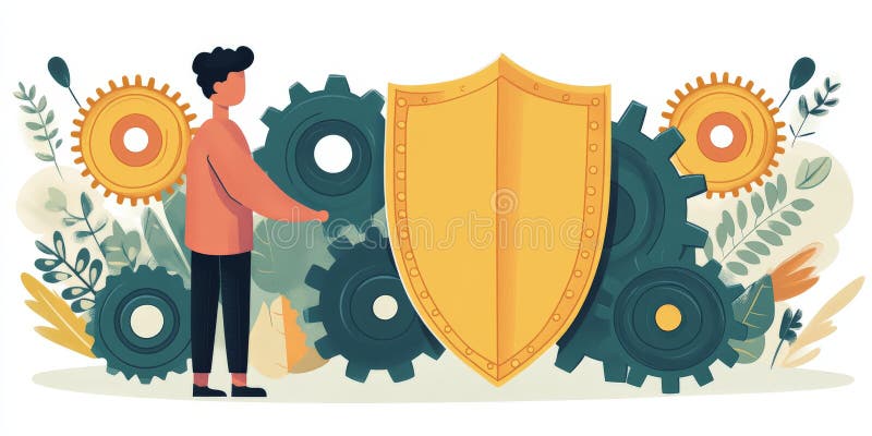 Shield Golden Security Emblem Surrounded by Cogwheels Symbolizing ...