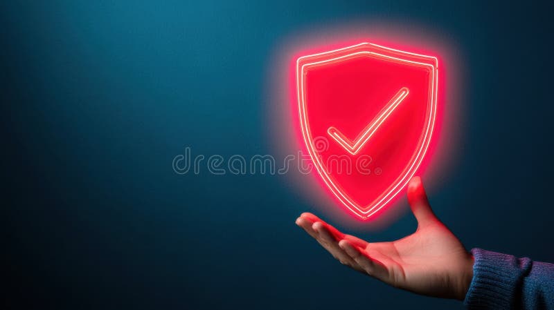 Shield Icon with Checkmark Glows in Red Neon, Symbolizing Security and ...