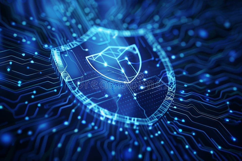 Shield Icon on Digital Circuit Board, Glowing Blue Network Connections ...