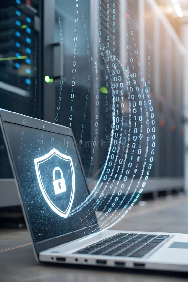 Shield Icon on a Laptop with Flowing Binary Code Symbolizes Active ...