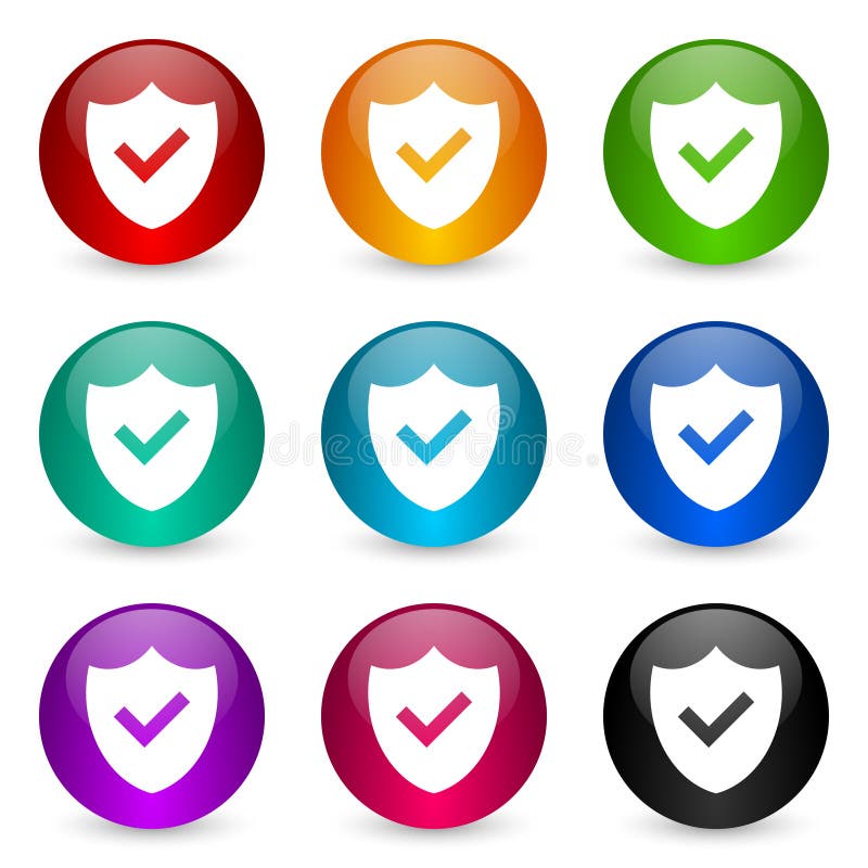 Shield Icon Set, Colorful Glossy 3d Rendering Ball Buttons in 9 Color ...