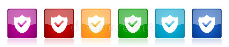 Shield Icon Set, Colorful Square Glossy Vector Illustrations in 6 ...