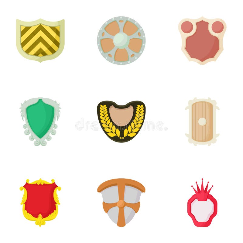 Shield Icons Set, Cartoon Style Stock Vector - Illustration of ...