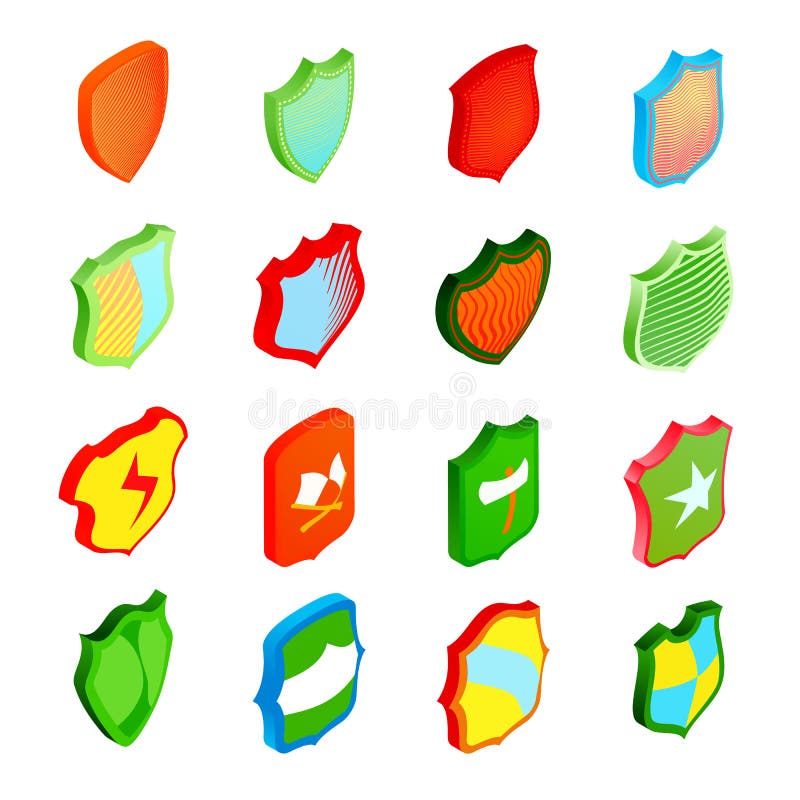 Shield Icons Set in Isometric 3d Style Stock Vector - Illustration of ...