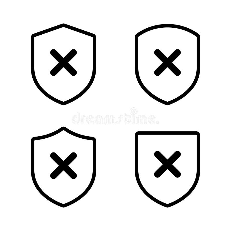 Shield Line with Cross Mark Icon Set. Unsafe, No Security Sign Symbol ...