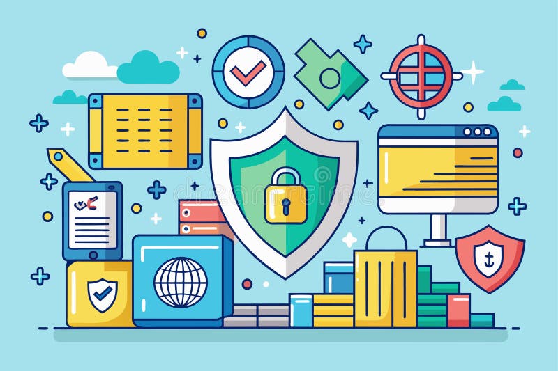 A Shield with a Lock at the Center, Surrounded by Various Icons, Security Customizable ...