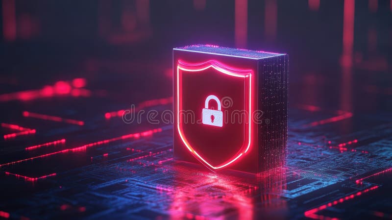 Shield and Lock Symbol Glowing on a Digital Background Stock ...