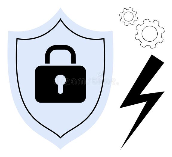 Cybersecurity Shield with Lock, Gears, and Lightning Bolt Representing ...