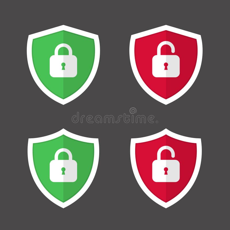 Shield with Lock and Unlock Icon Vector. Red and Green Shields Symbol ...