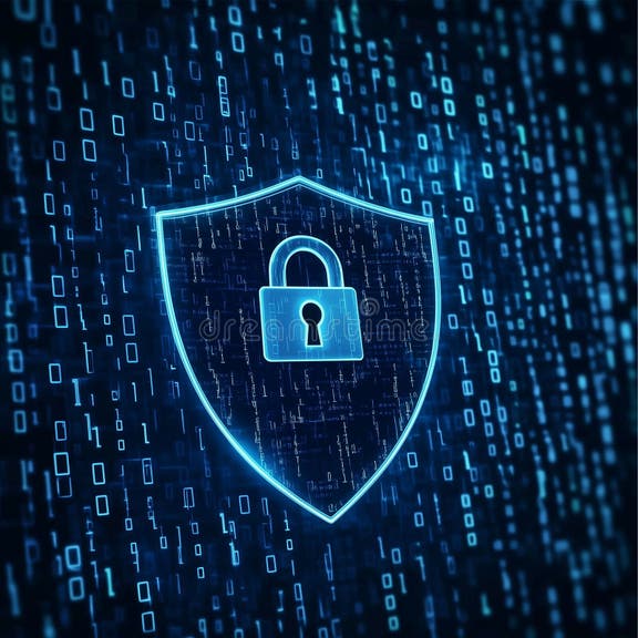 Shield with an Open Lock Icon in the Center, Surrounded by Binary Code.representing Data or ...