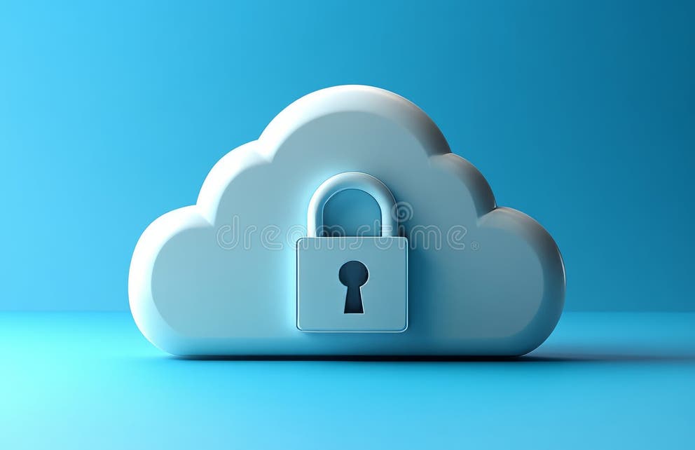 A Shield and Padlock Alongside a 3D Metallic Cloud Collectively Form a Symbol for Secure Data ...