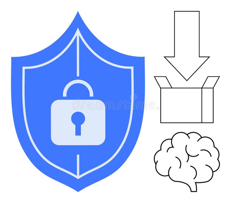 Shield with Padlock, Brain, and Box with Downward Arrow Depicting ...