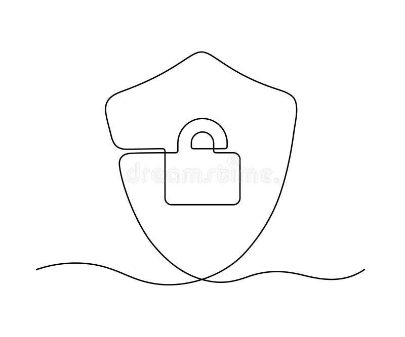Shield with Padlock, Continuous One Line Drawing. Security and ...