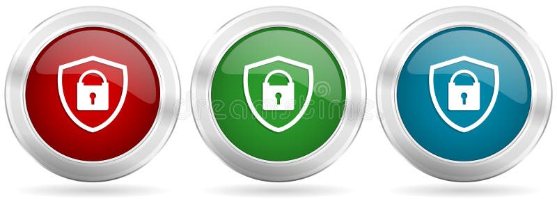 Shield with Padlock Vector Icon Set. Red, Blue and Green Silver ...