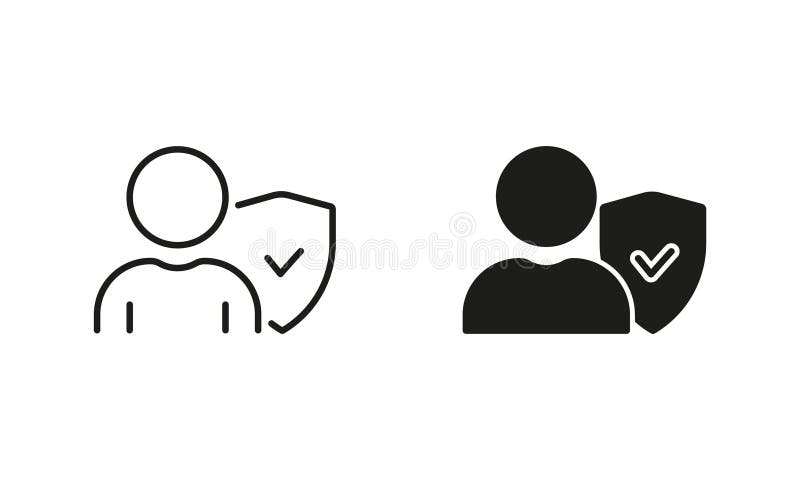 Shield Protect Person Line and Silhouette Icon Set. Safety in Business ...