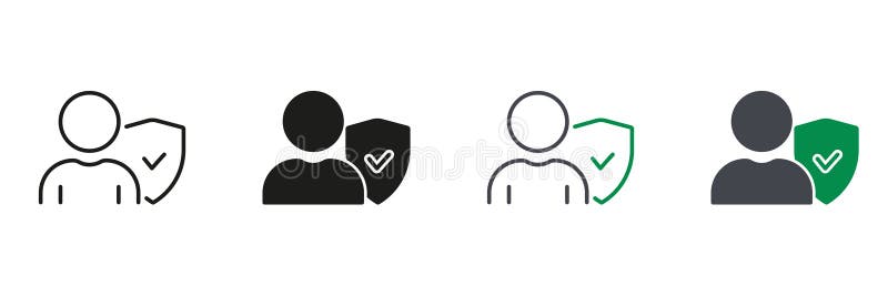 Shield Protect Person Line and Silhouette Icon Set. Security for User ...