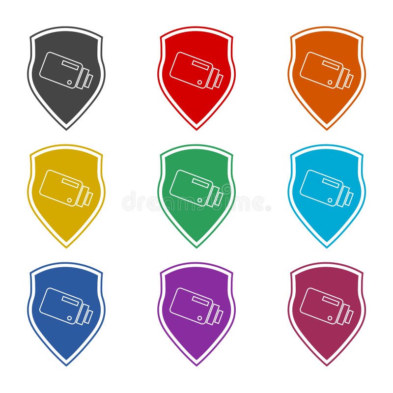 Shield Security Camera Sign Color Icon Set Stock Vector - Illustration ...