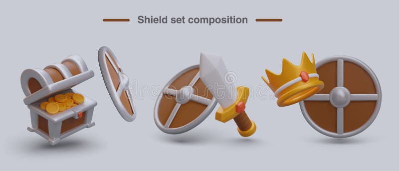 Shield Set Composition. Realistic Chest with Gold Coins, Sword for ...