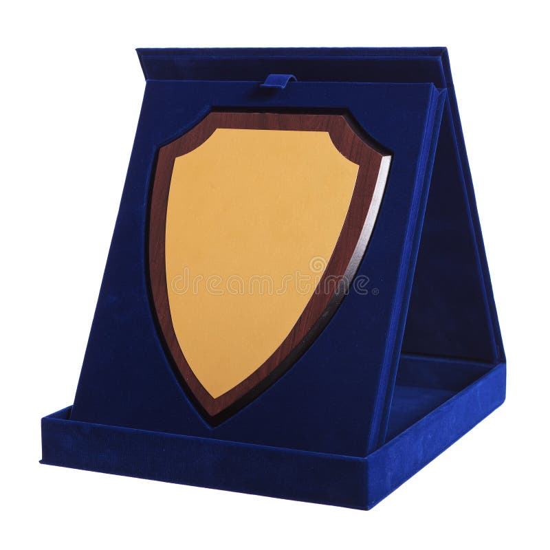 Shield Shaped Trophy in a Blue Award Box Stock Photo - Image of white ...