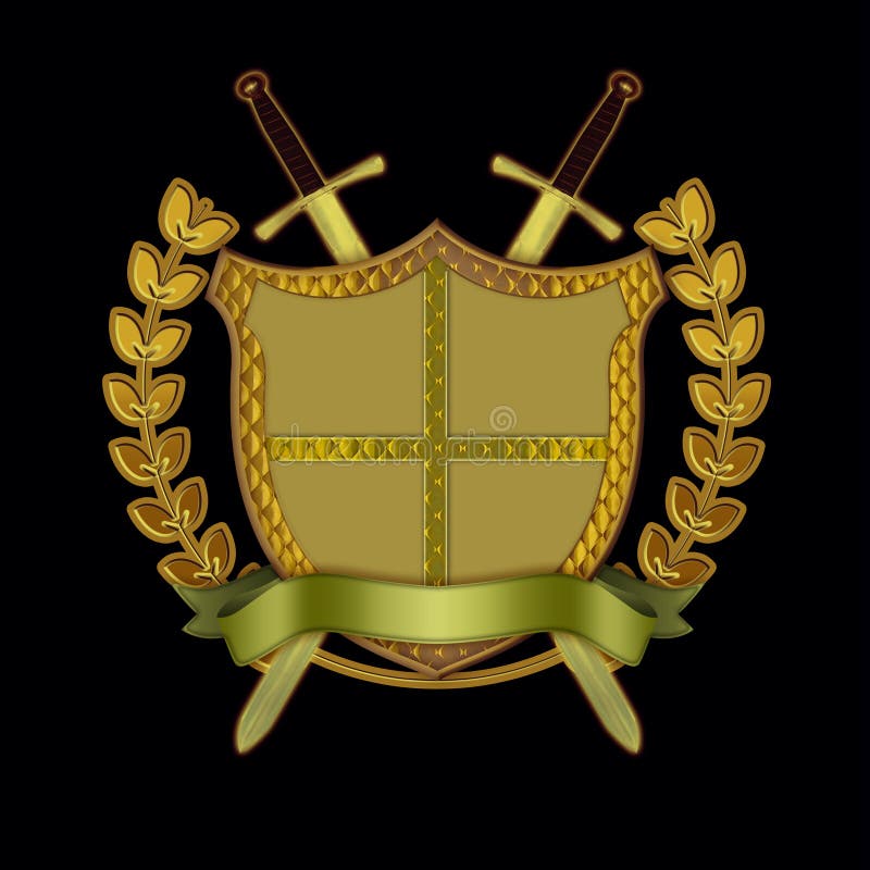 Shield with Swords, Scroll, and Olive Branch Stock Illustration ...