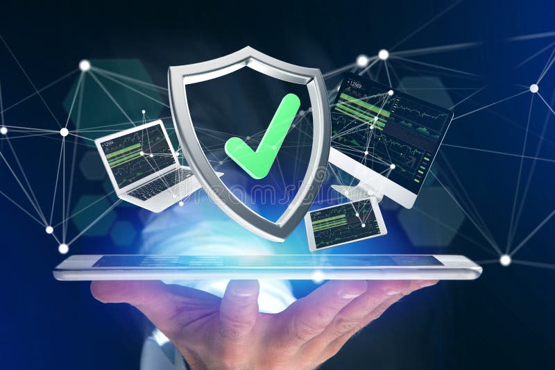 Shield Symbol Surrounded by Devices and Network Displayed on a F Stock ...