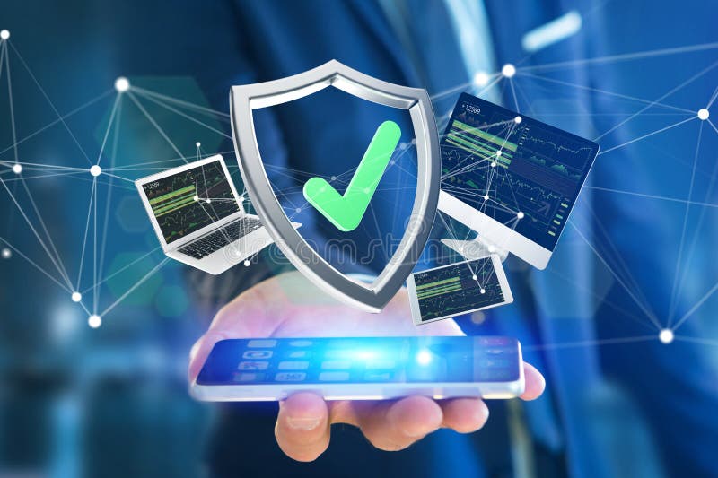 Shield Symbol Surrounded by Devices and Network Displayed on a F Stock ...