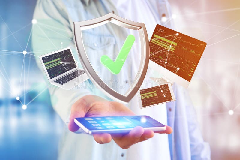 Shield Symbol Surrounded by Devices and Network Displayed on a F Stock ...