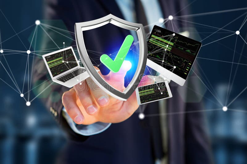 Shield Symbol Surrounded by Devices and Network Displayed on a F Stock ...