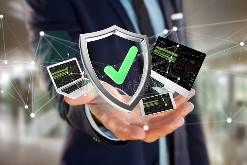 Shield Symbol Surrounded by Devices and Network Displayed on a F Stock ...