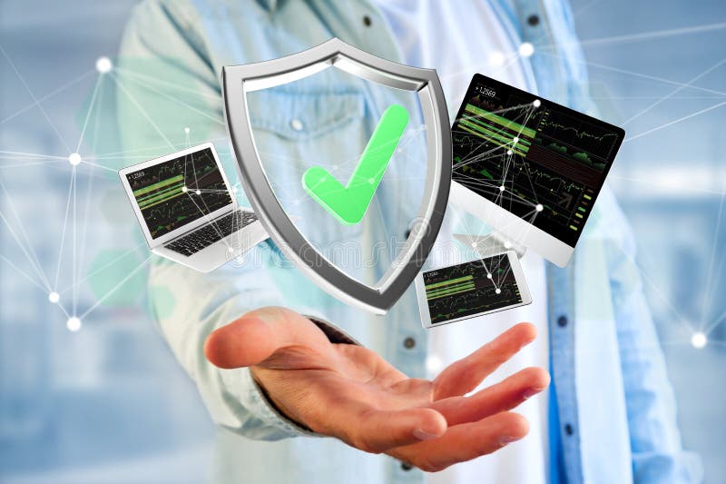 Shield Symbol Surrounded by Devices and Network Displayed on a F Stock ...