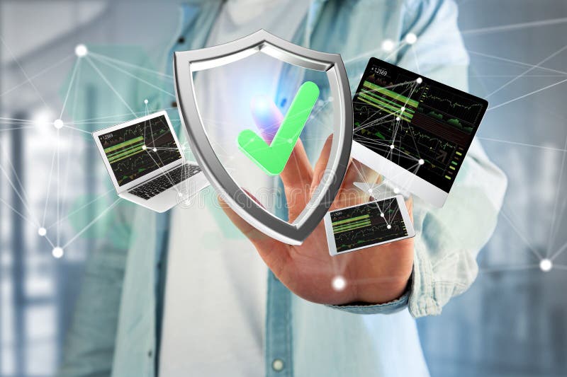 Shield Symbol Surrounded by Devices and Network Displayed on a F Stock ...