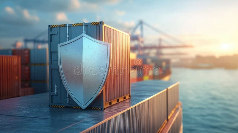 Shield Symbolizing Security on a Cargo Ship in Vibrant Coastal Setting ...