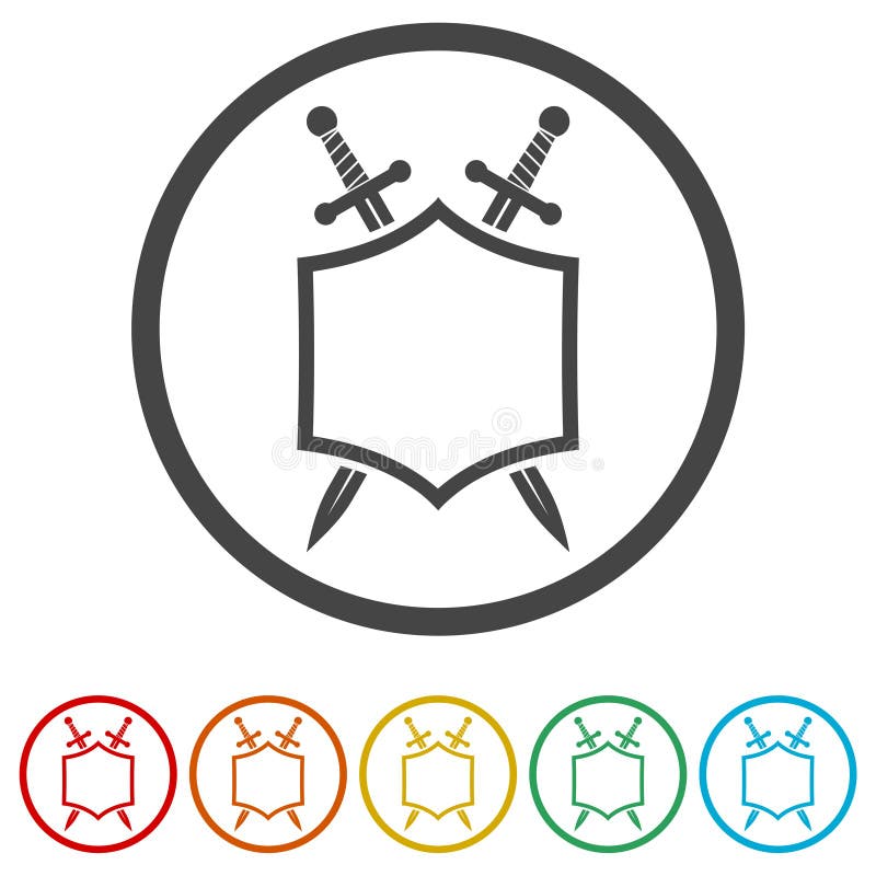 Shield with Two Swords Ring Icon, Color Set Stock Vector - Illustration ...