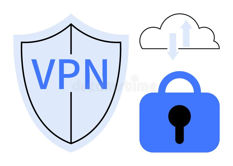 Shield with VPN Text, Cloud with Arrows, and Blue Padlock Symbol in ...