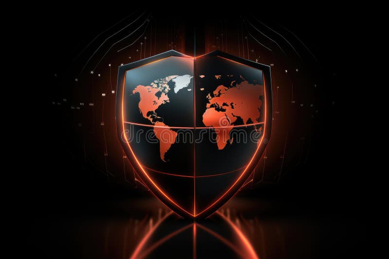 Shield with World Map on Dark Background, Cyber Security Concept. 3d ...