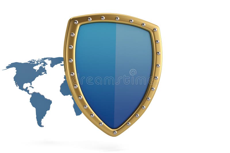 Shield and World Map on White Background.3D Illustration. Stock ...